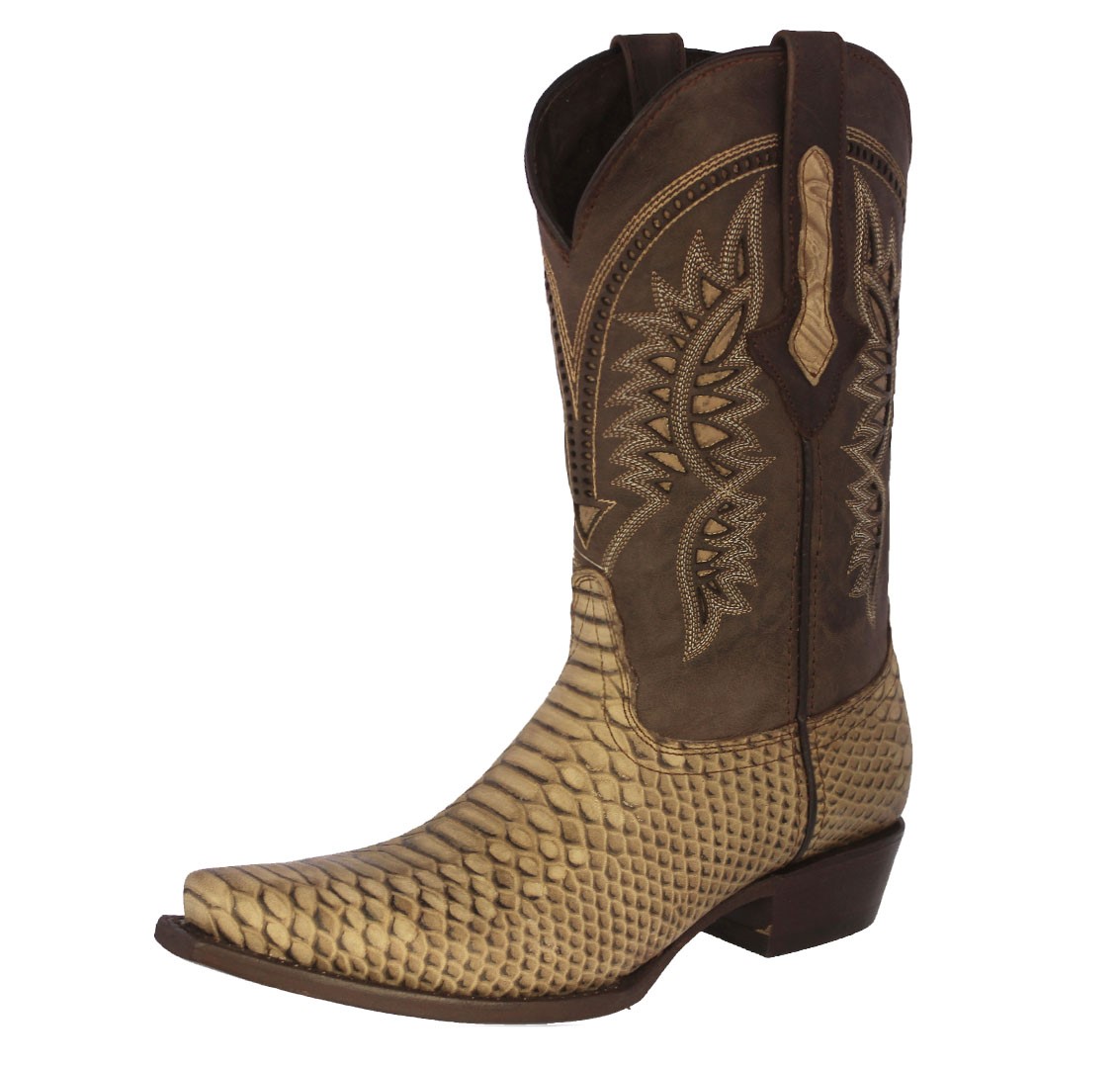 Mens Sand Leather Cowboy Boots Snake Pattern Western Dress Pointed Snip ...